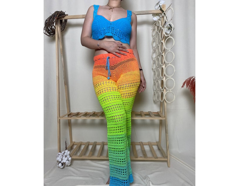 Boho Festival Outfit: Vibrant Crochet Pants & Crop Top Set, Summer ...