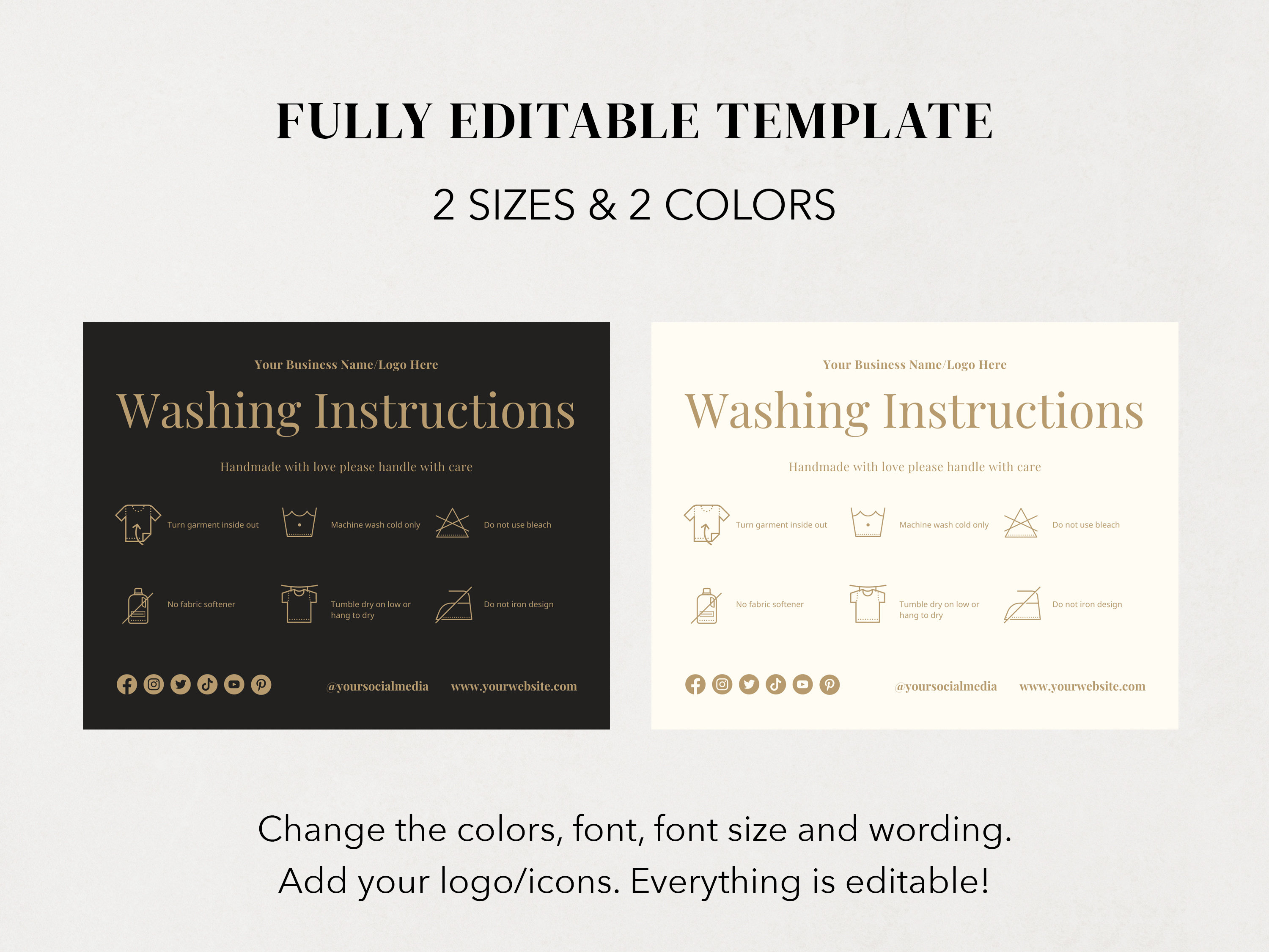 Black Gold Washing Instructions Card Template With Icons, Editable ...