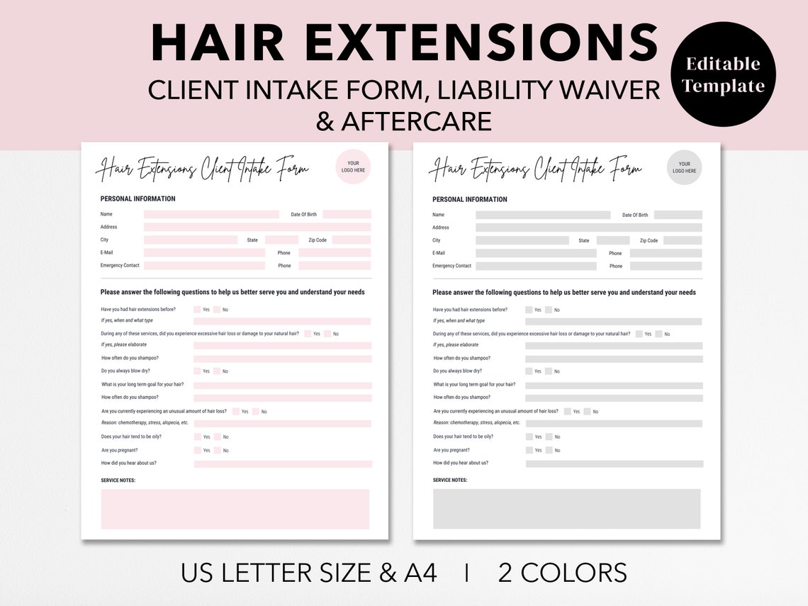 Editable Hair Extensions Intake Form, Client Intake, Release, Consent ...