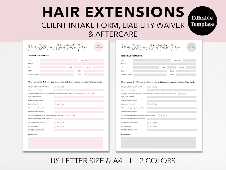 Editable Hair Extensions Intake Form, Client Intake, Release, Consent ...