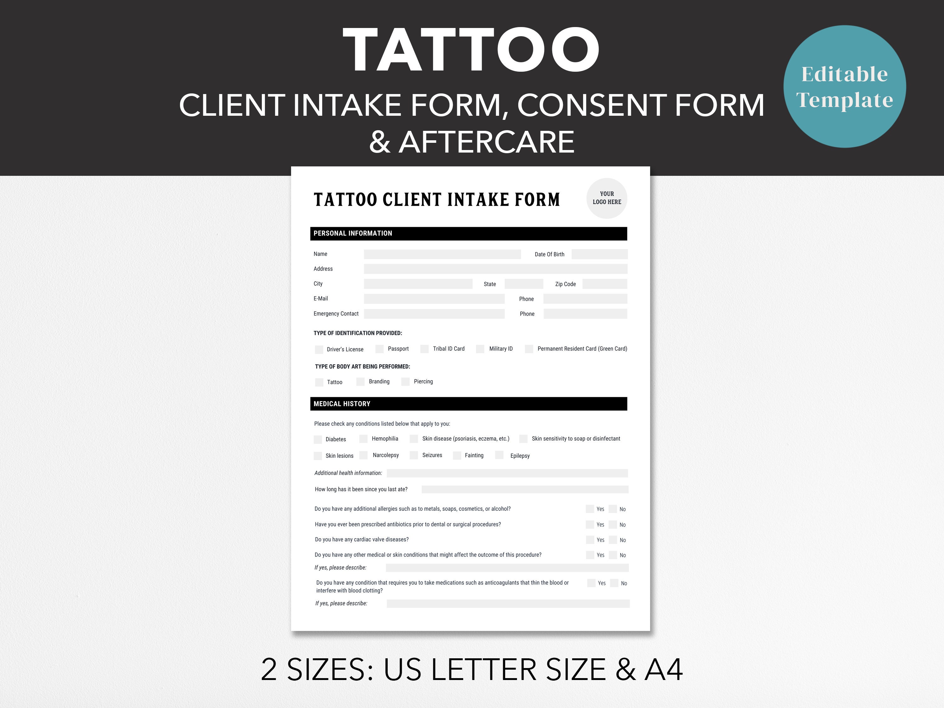 Tattoo Client Intake Form Release Form Editable Consent - Etsy