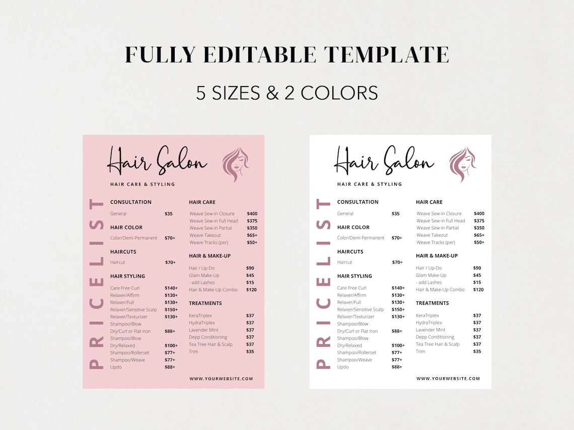 Hair Salon Price List Template: Editable Canva Design (instant Download ...