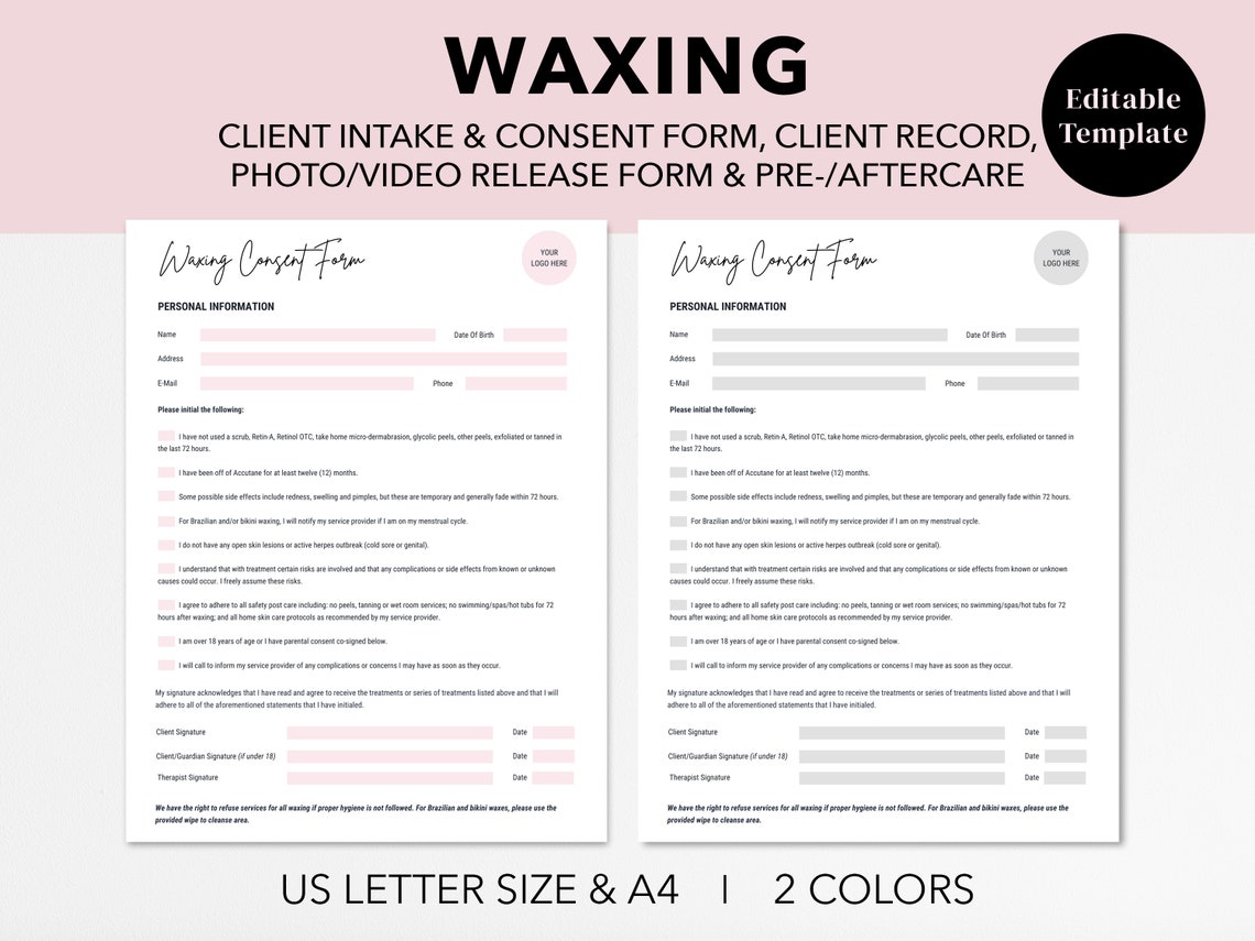 Waxing Intake Form, Consultation Form, Consent Form, Client Record Form ...