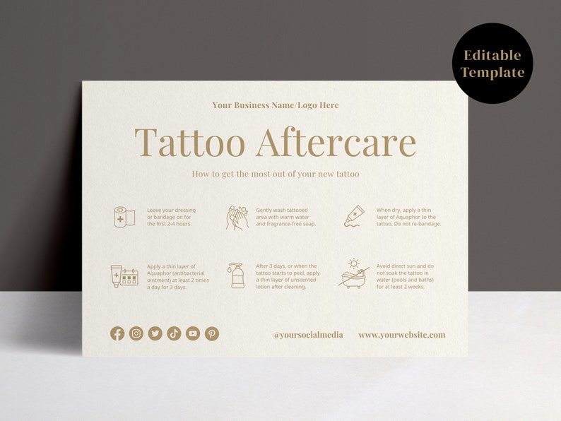 Black Gold Tattoo Aftercare Card Template With Icons, Editable Care ...
