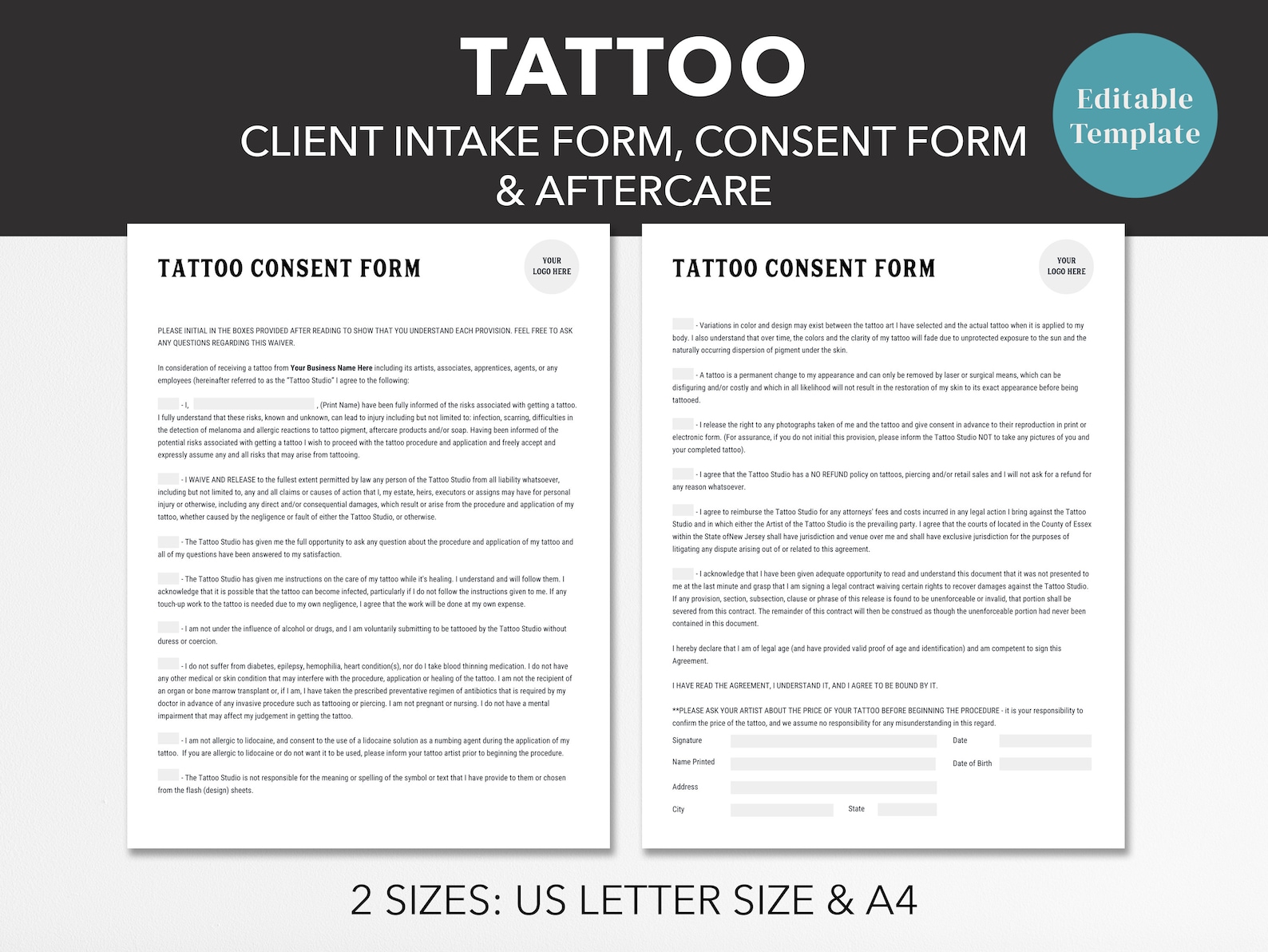 Tattoo Client Intake Form Release Form Editable Consent - Etsy