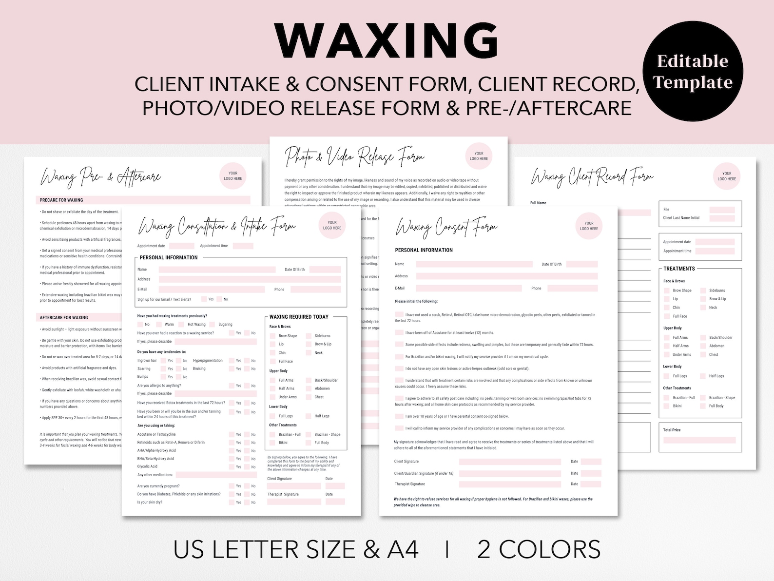 Waxing Intake Form, Consultation Form, Consent Form, Client Record Form ...