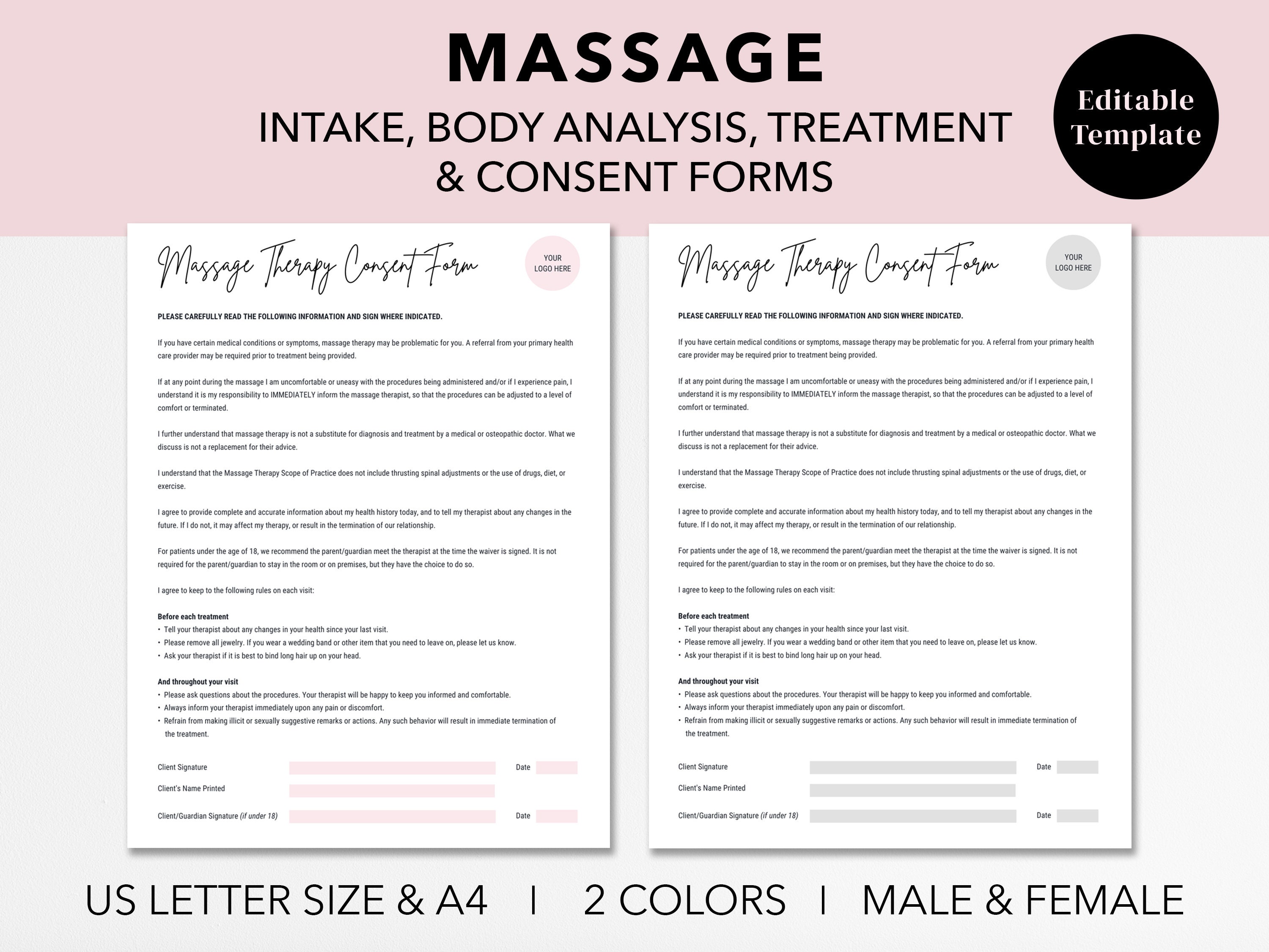 Editable Massage Therapy Intake Form, Client Intake, Consent Form, Body ...