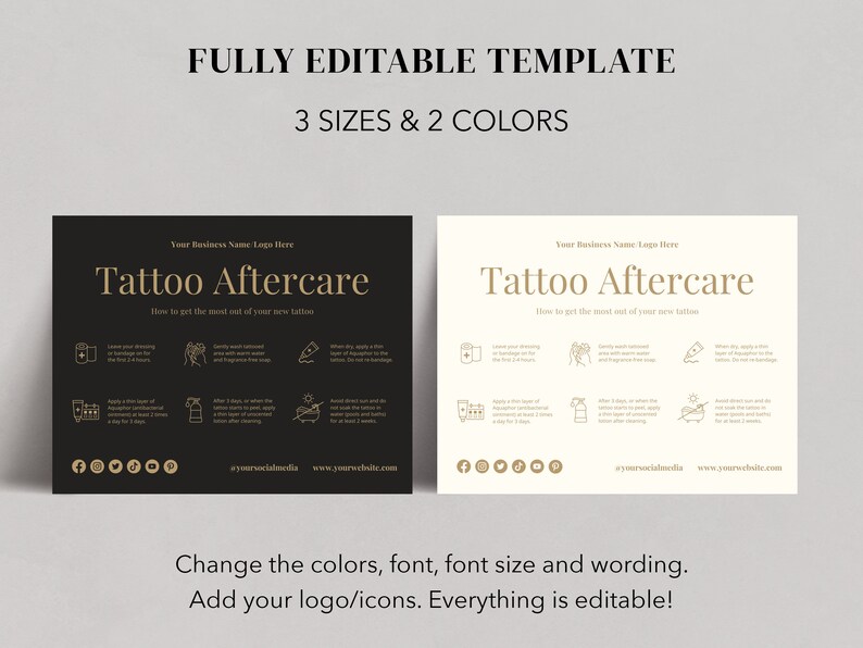 Black Gold Tattoo Aftercare Card Template With Icons, Editable Care ...