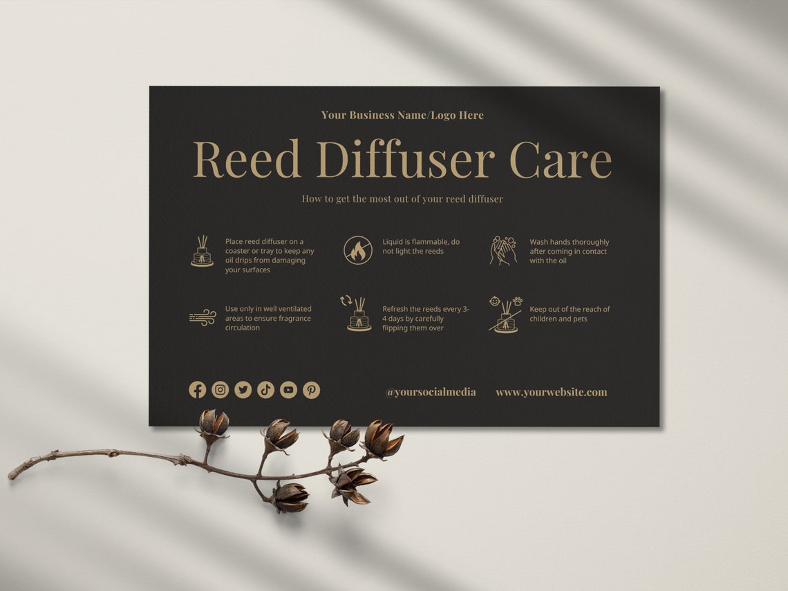 Black Gold Reed Diffuser Care Card Template With Icons, Editable Care ...