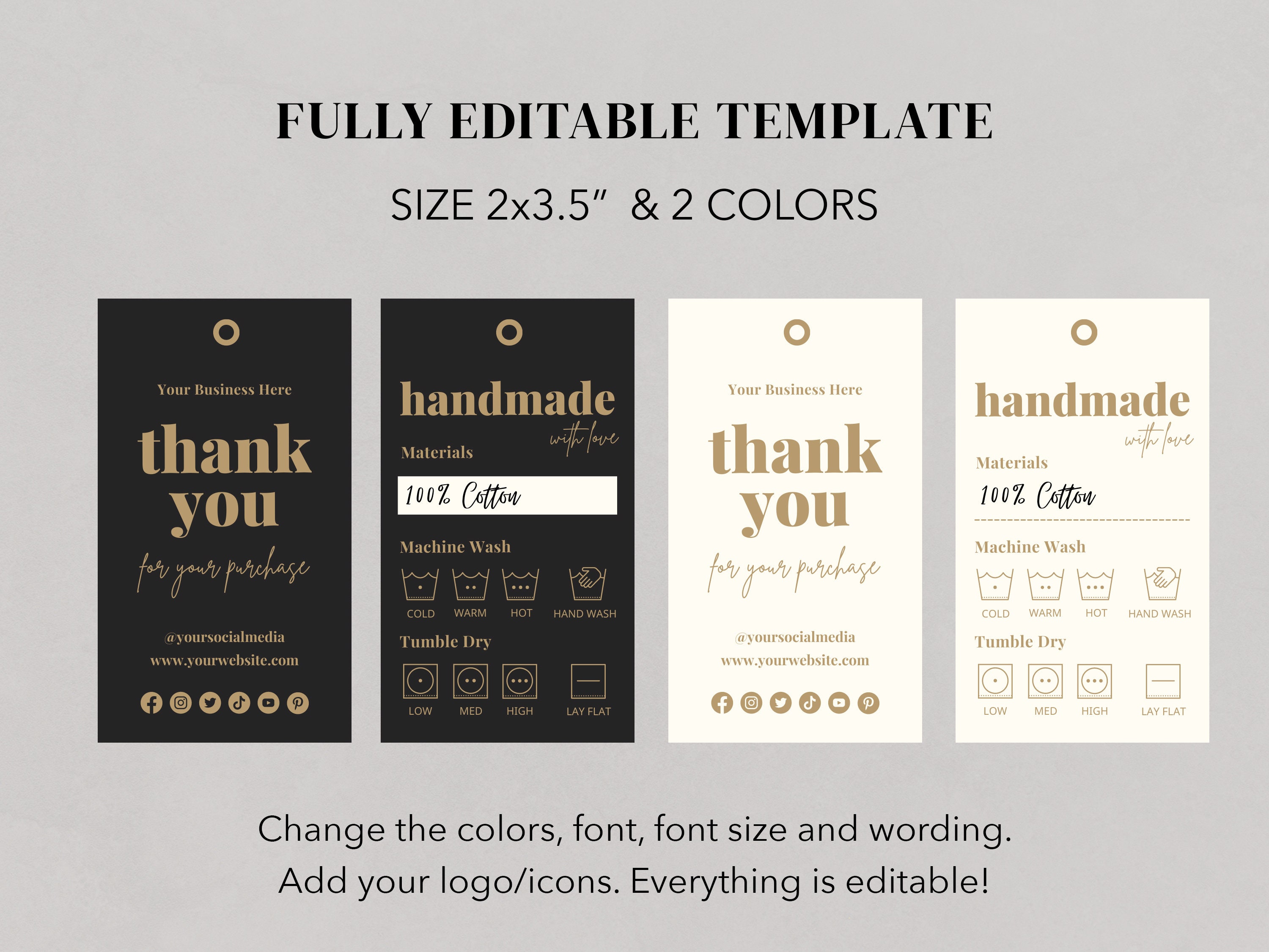 Black Gold Custom Hang Tag Template With Icons, Editable Clothing Hang ...
