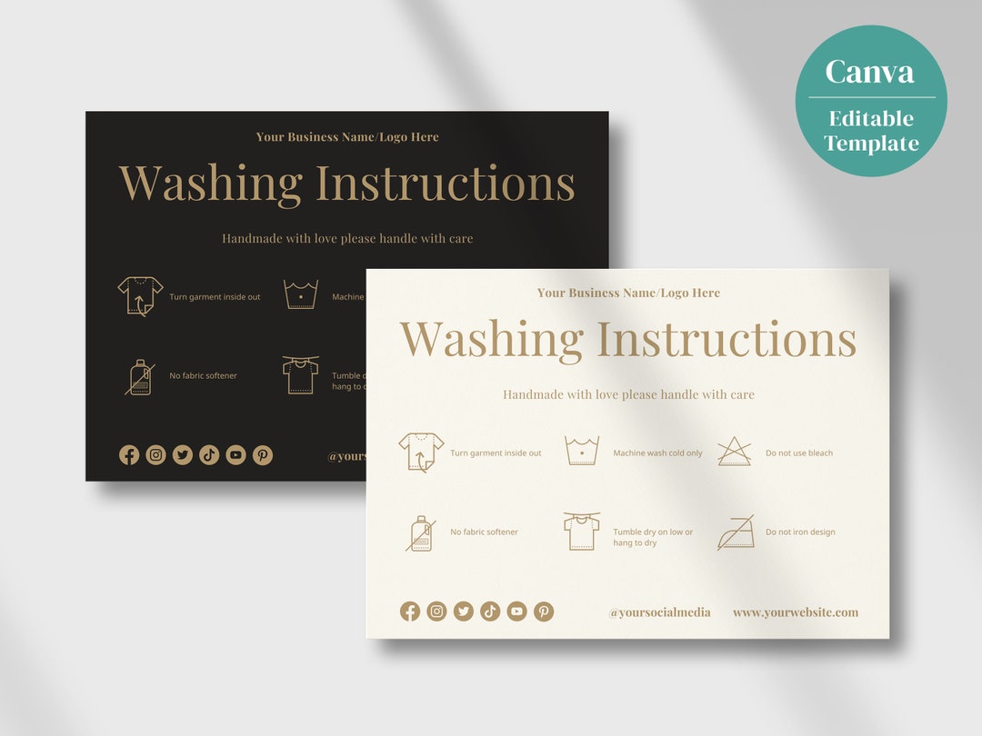 Black Gold Washing Instructions Card Template With Icons, Editable ...