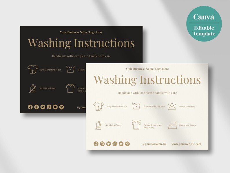 Black Gold Washing Instructions Card Template With Icons, Editable ...