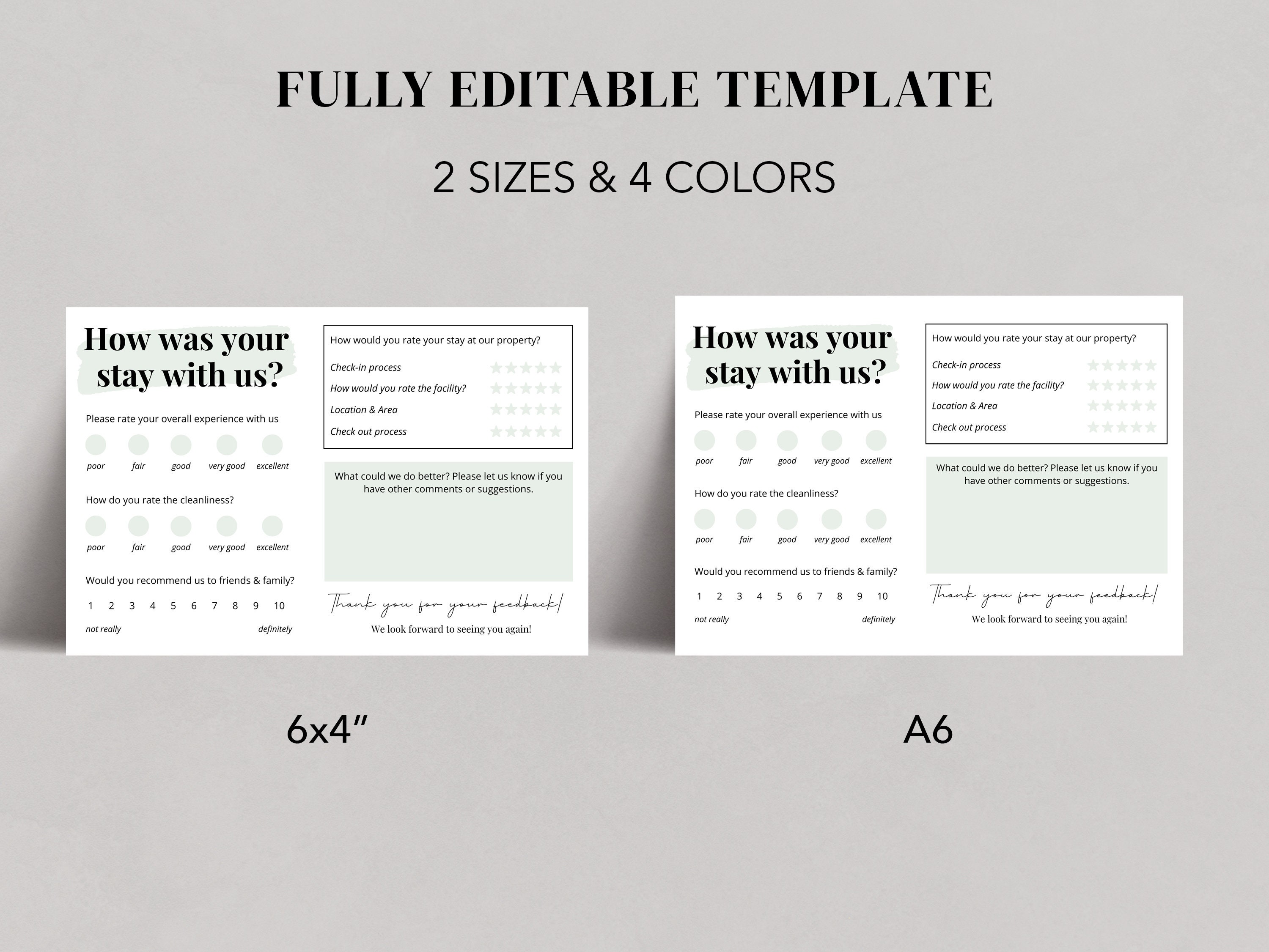 Editable Guest Feedback Comment Card Template, 6x4, A6, Airbnb, VRBO ...