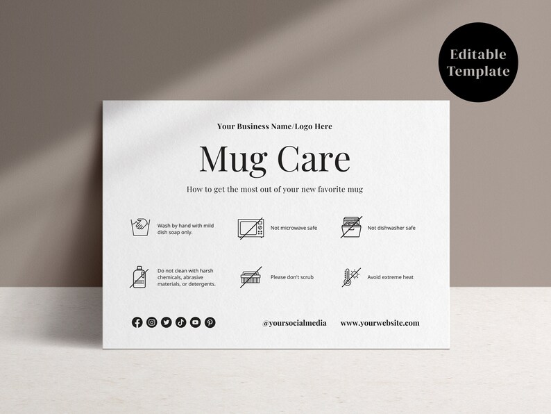 Black Gold Mug Care Card Template With Icons, Editable Cup Care ...