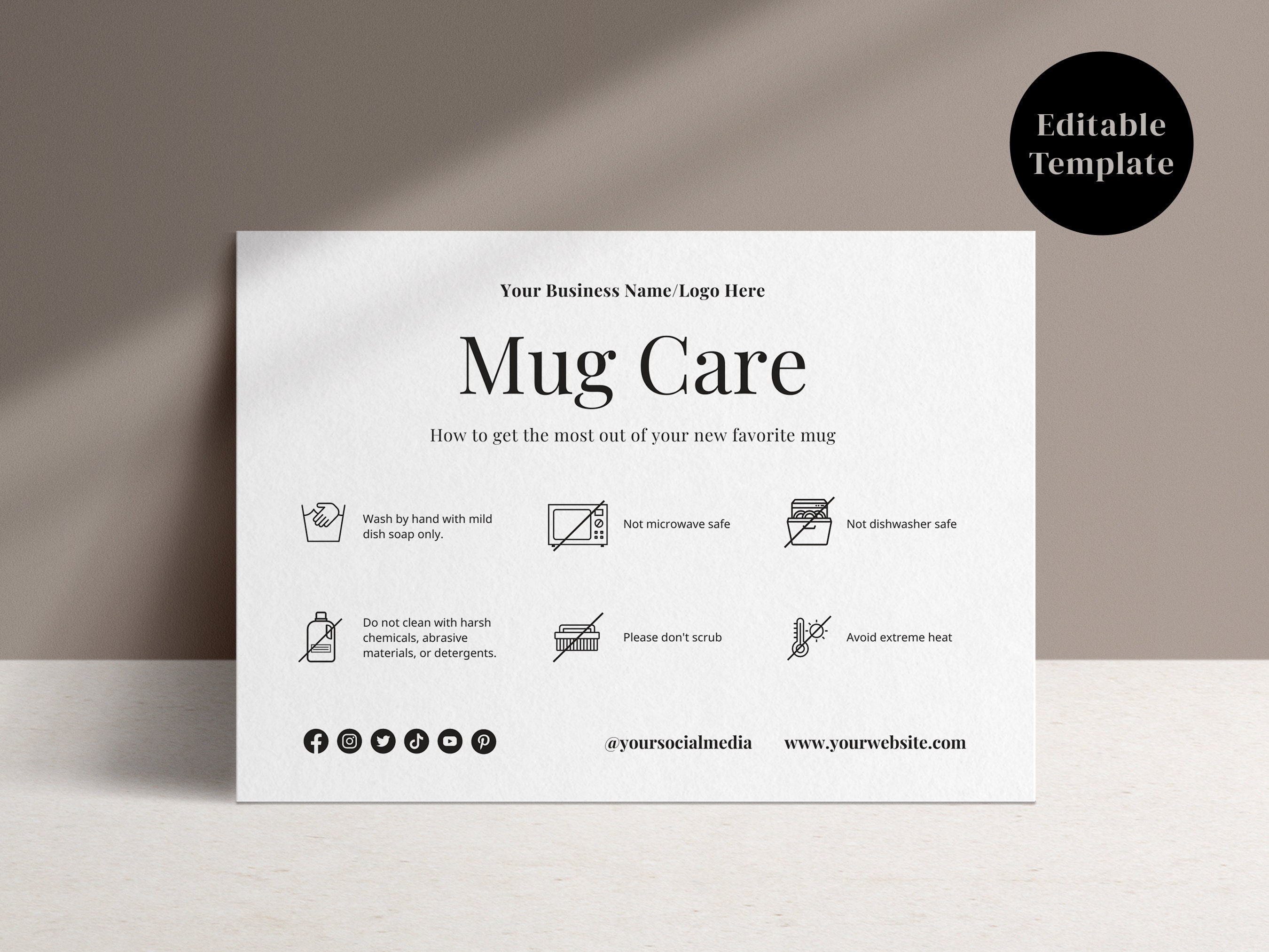 Black Gold Mug Care Card Template With Icons, Editable Cup Care ...