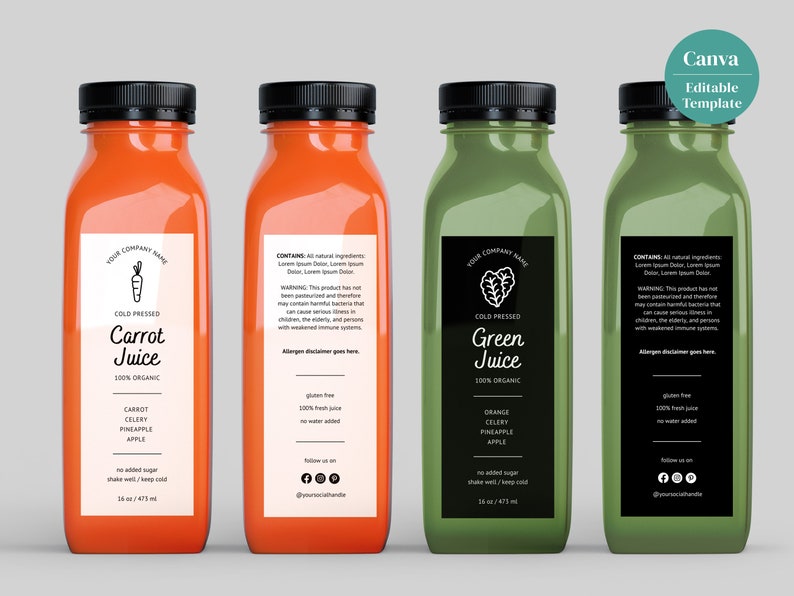 Editable Juice Bottle Label Template: Smoothie Labels, 12oz/16oz (canva ...