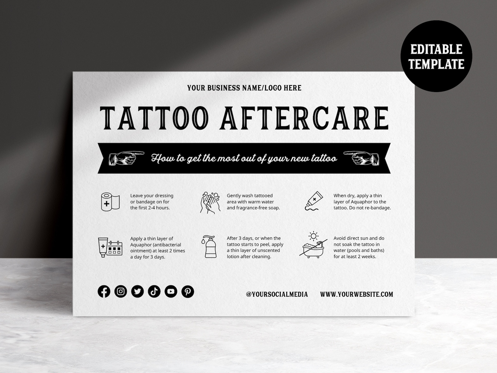 Black White Tattoo Aftercare Card Template With Icons, Editable Care ...