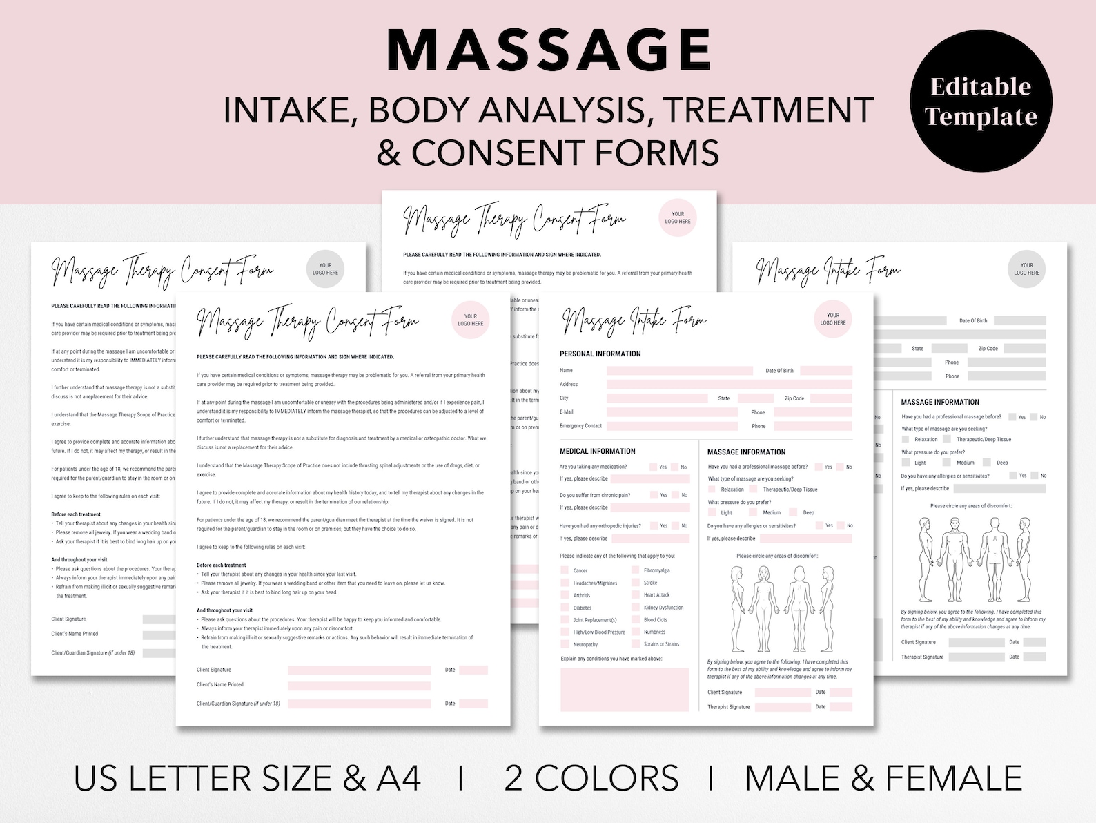 Editable Massage Therapy Intake Form, Client Intake, Consent Form, Body ...