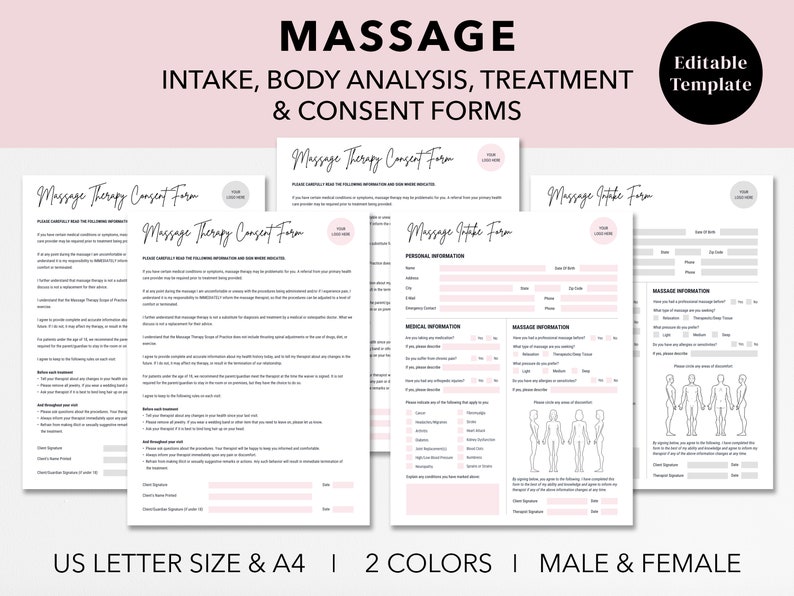 Editable Massage Therapy Intake Form, Client Intake, Consent Form, Body Analysis Treatment Form ...