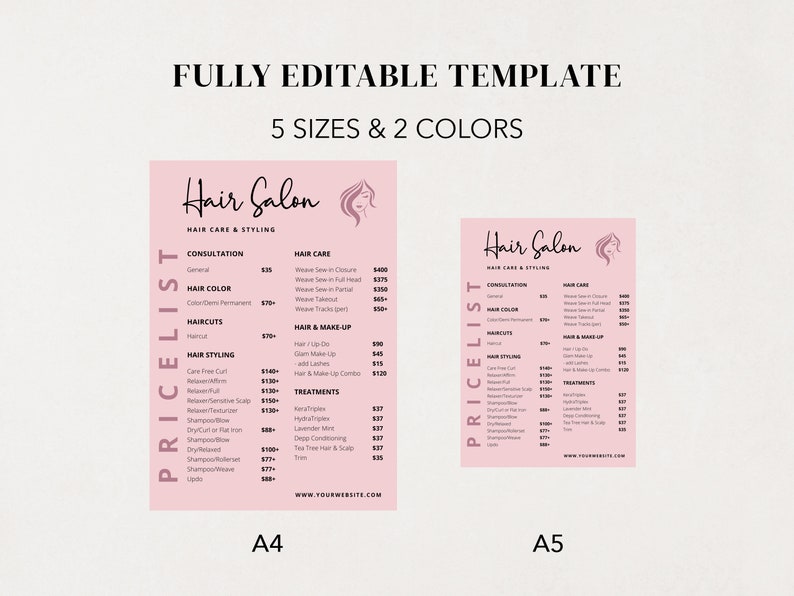 Hair Salon Price List Template: Editable Canva Design (instant Download ...