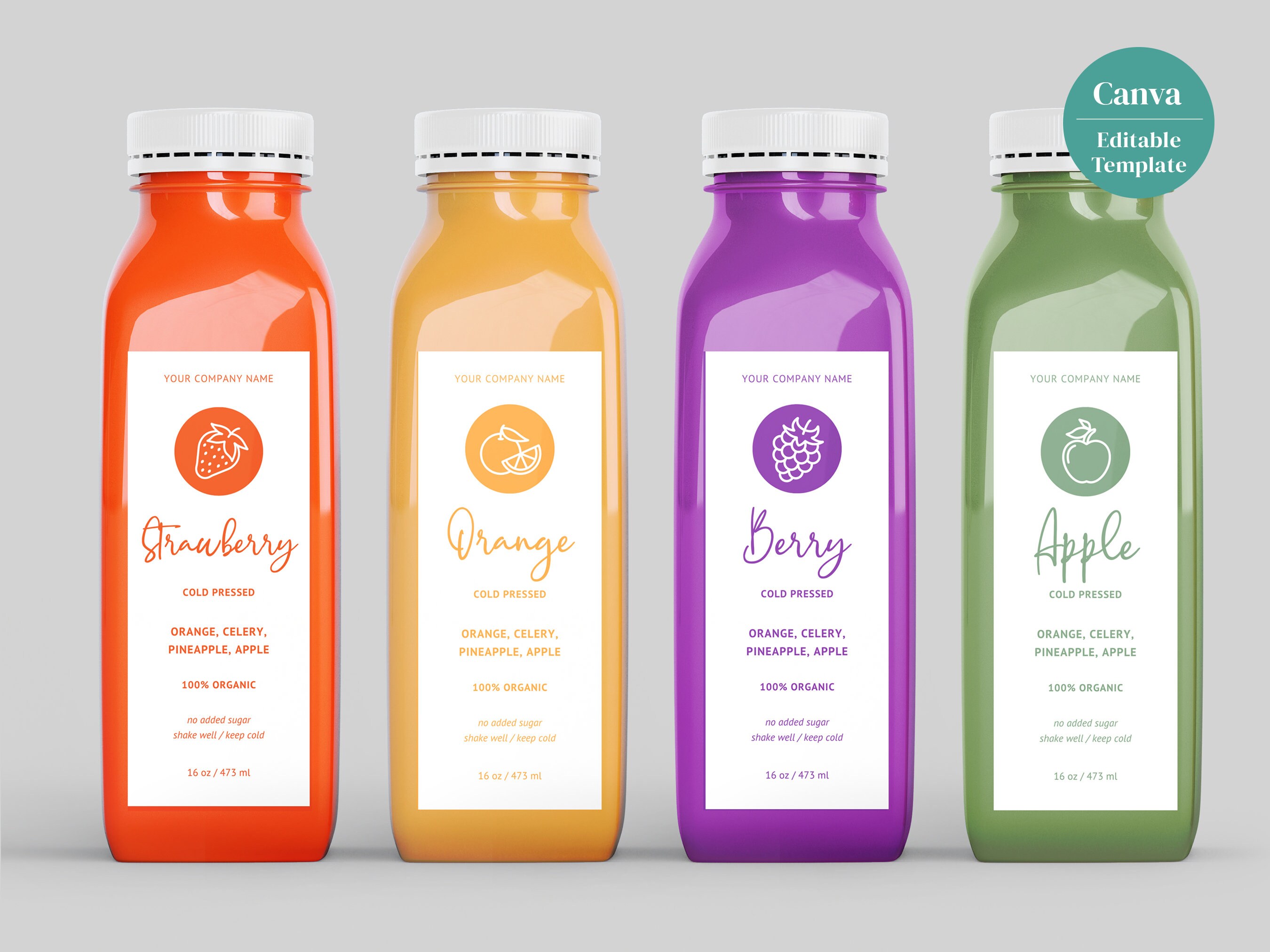 Editable Juice Label Template: Fruit Icons, 12oz/16oz Bottles (canva ...