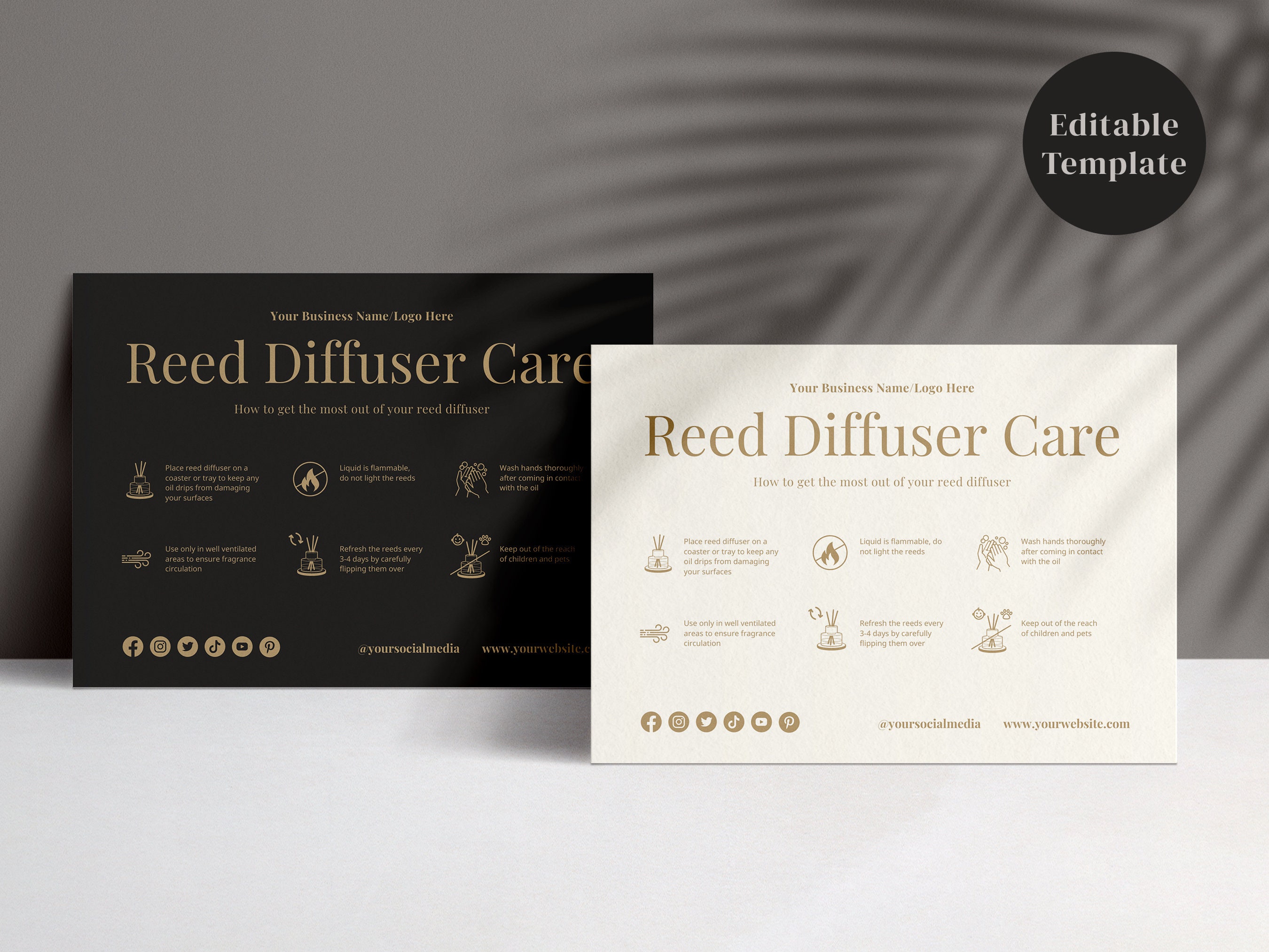 Black Gold Reed Diffuser Care Card Template With Icons, Editable Care ...