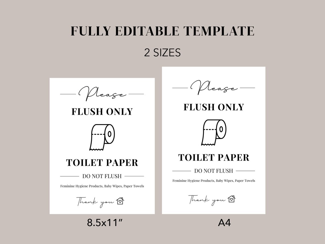 Flush Toilet Paper Only Sign: Gold Airbnb Bathroom Decor (editable ...