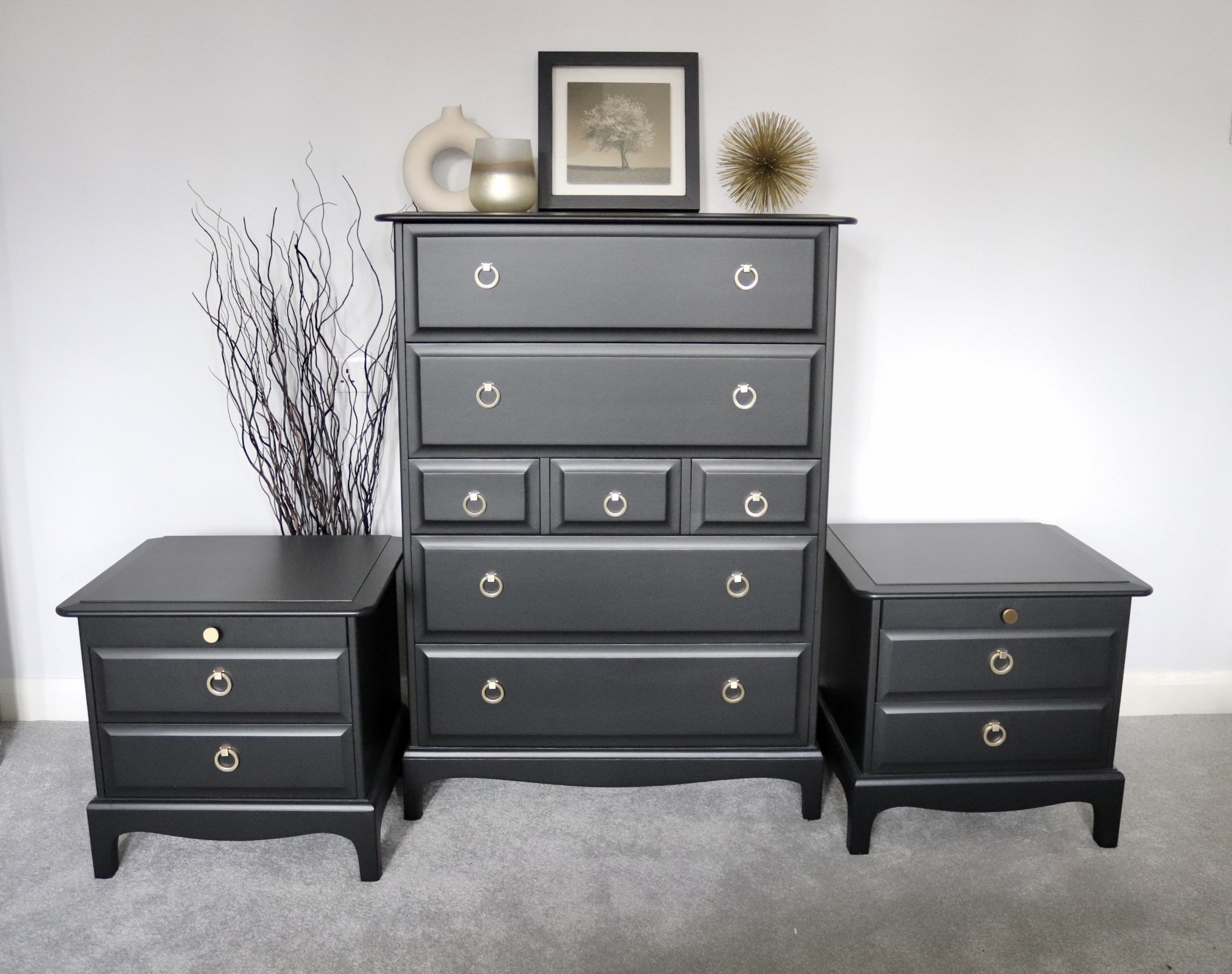 Stag Minstrel Set 7 Drawer Tallboy Pair of 2 Drawer Bedside Tables Etsy UK