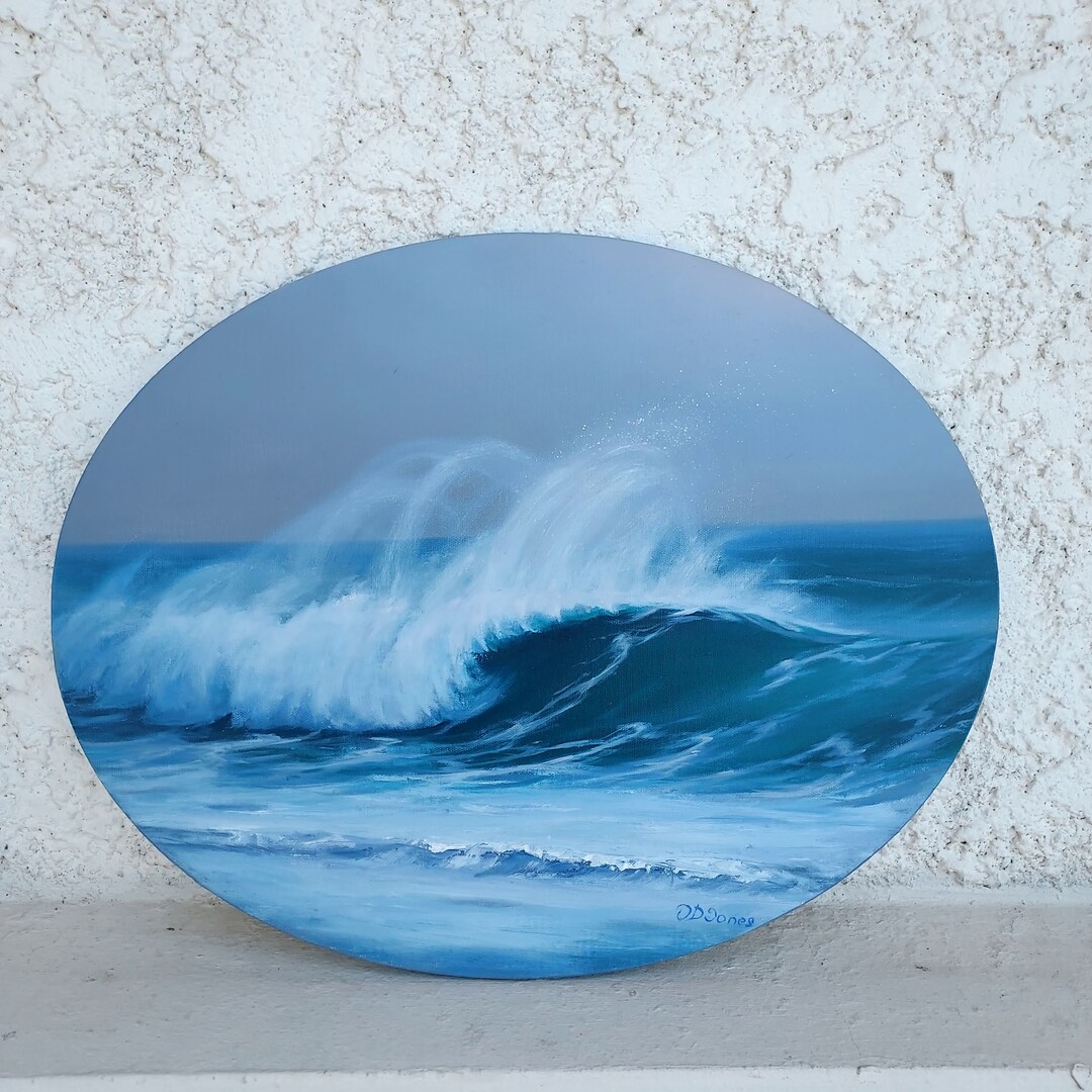 Blue Ocean Scene Oval Canvas, Wave Painting, Coastal Wall Art, Seascape ...