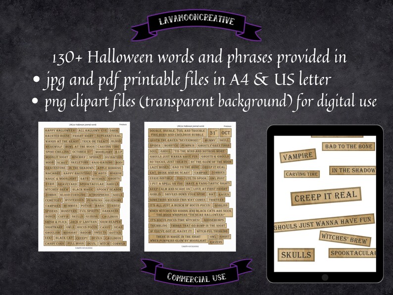 Spooky Halloween Words & Phrases | Halloween Clipart Png | Printable A4 ...