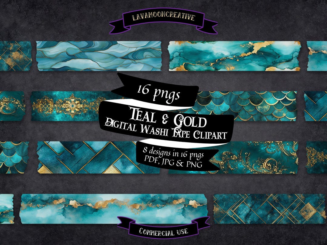 Teal & Gold Washi Tape Clipart: Digital Planner Stickers (PNG) - Etsy