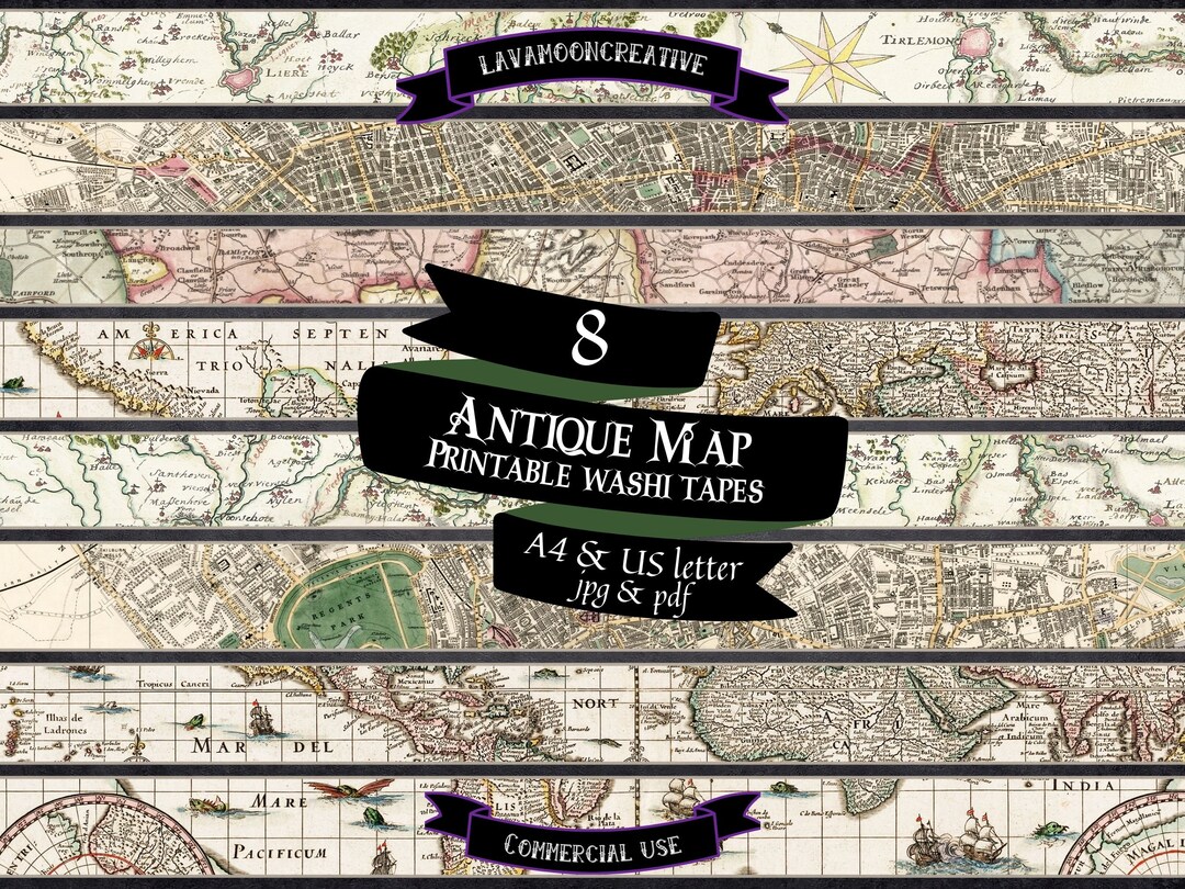 Map Washi Tape | Map Washi Strips Printable | Digital Washi Tape ...