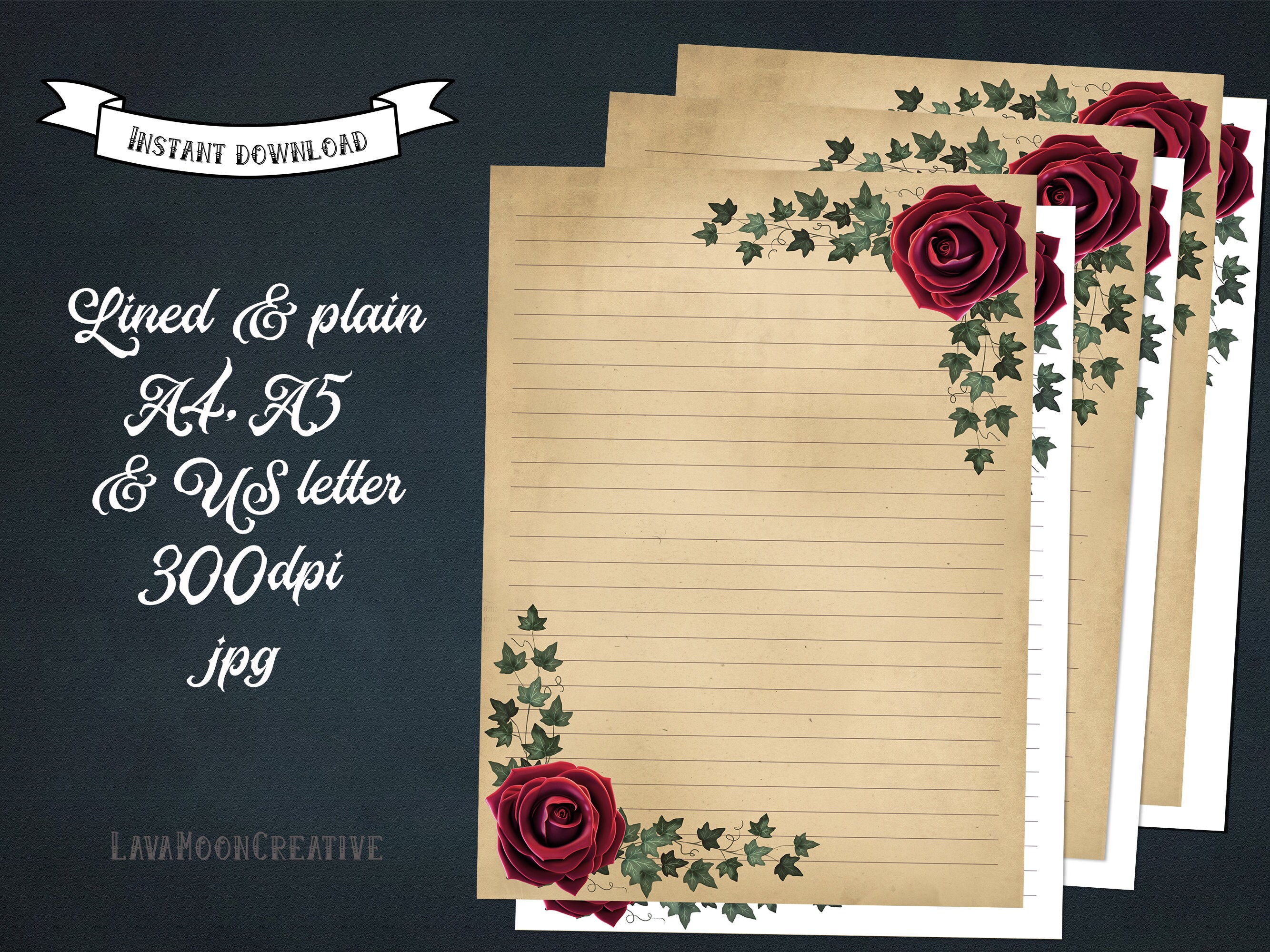 Ivy and Rose Digital Paper | Gothic | Ruled Stationery | A4 A5 US ...