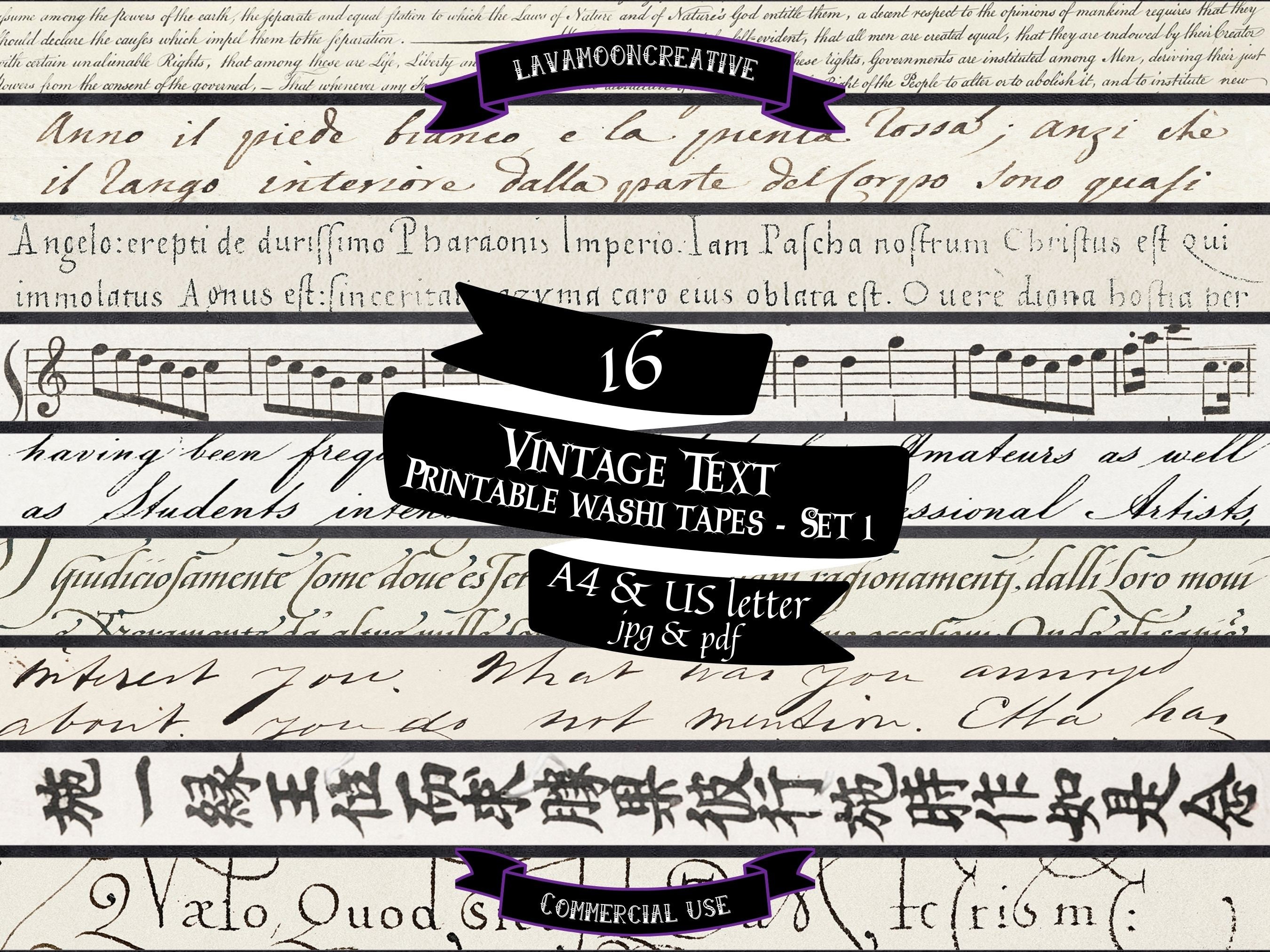 Vintage Text Washi Tape Printable Strips Light Academia Aesthetic Washi ...