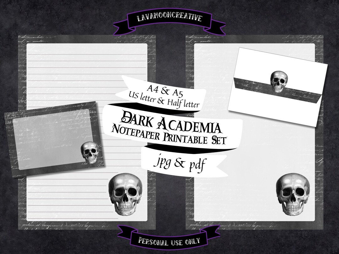 Dark Academia Notepaper Printable | Skull | Goth Note Paper | Write It ...