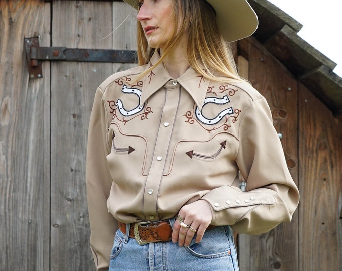 70s Vintage H Bar C California Ranchwear Beige Cowboy Shirt With ...