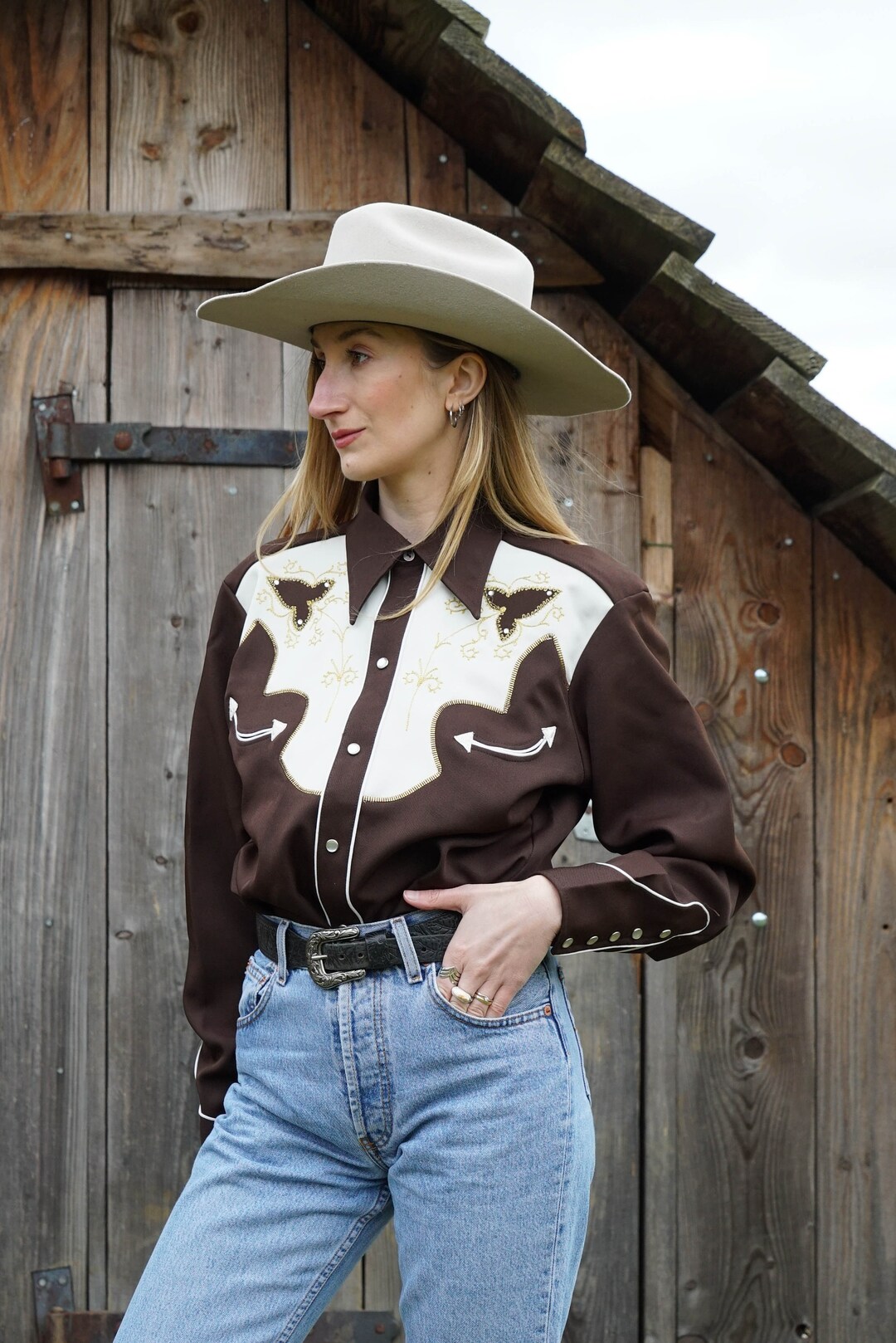 70s Vintage H Bar C California Ranchwear Brown Western Embroidery Shirt ...