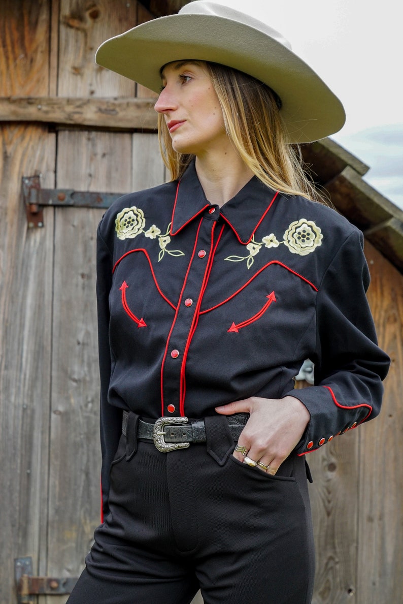 90s Scully Black Western Shirt With Red Yokes and Embroidered Golden ...