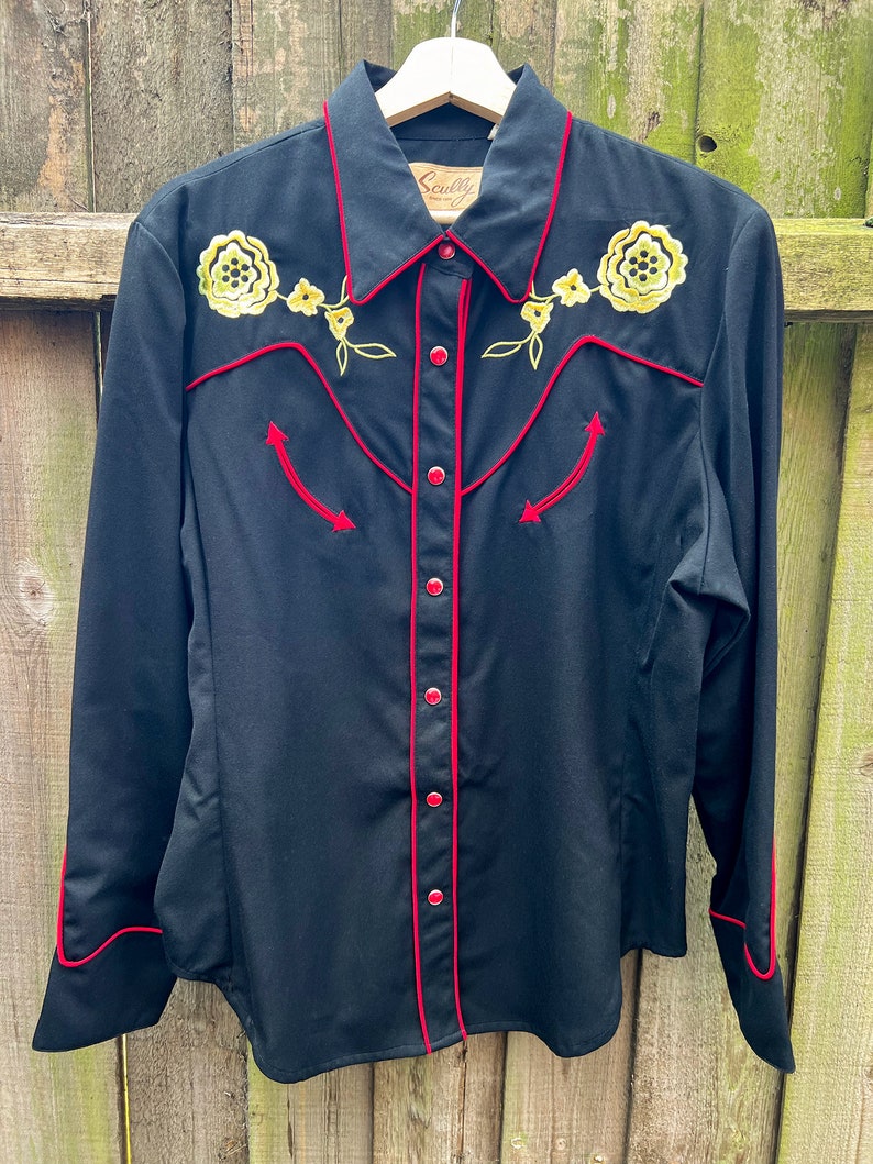 90s Scully Black Western Shirt With Red Yokes and Embroidered Golden ...