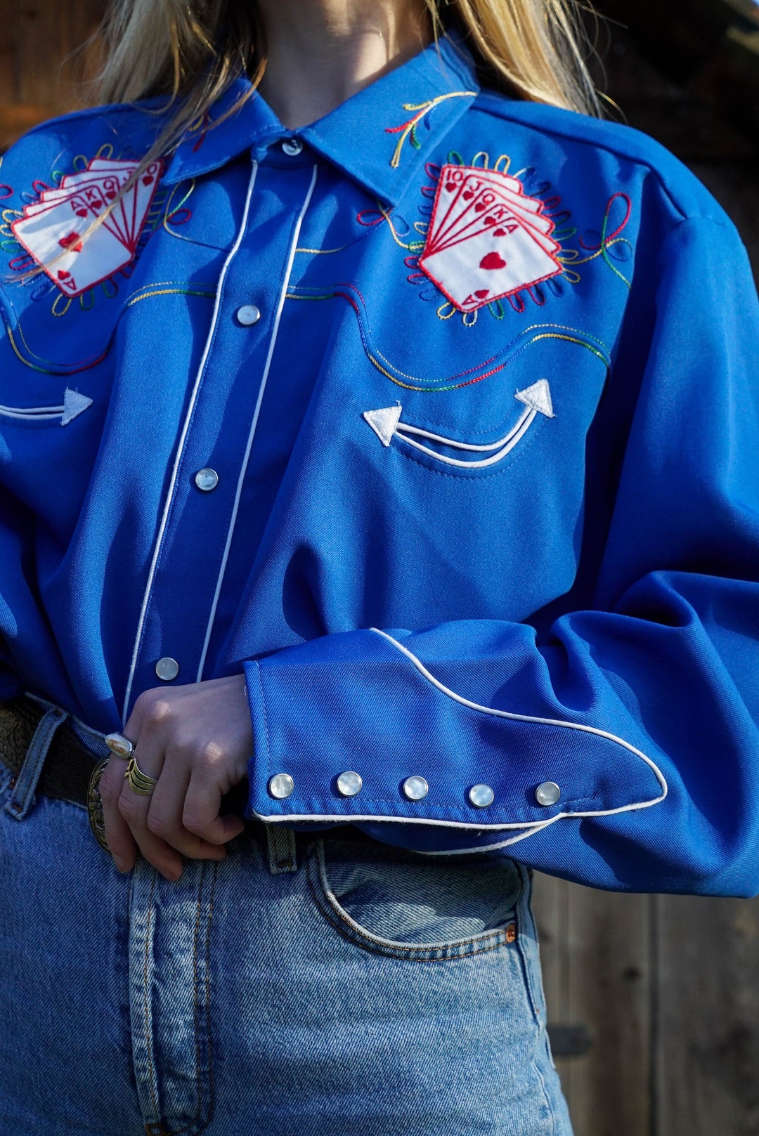 70s Vintage H Bar C Royal Flush Men's Blue Embroidered Cowboy Shirt ...