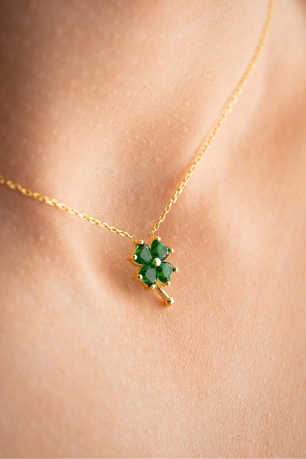 925 Sterling Silver Gold Emerald Clover Necklace, Emerald Clover Charm ...