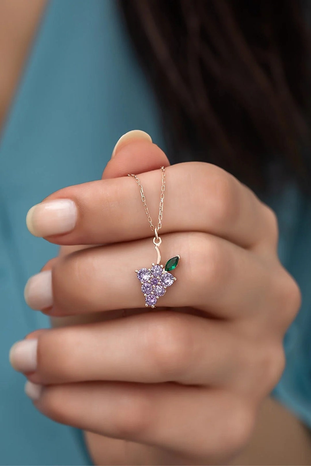 925 Sterling Silver Purple Grape Bunch Necklace, Rose Gold Grape ...