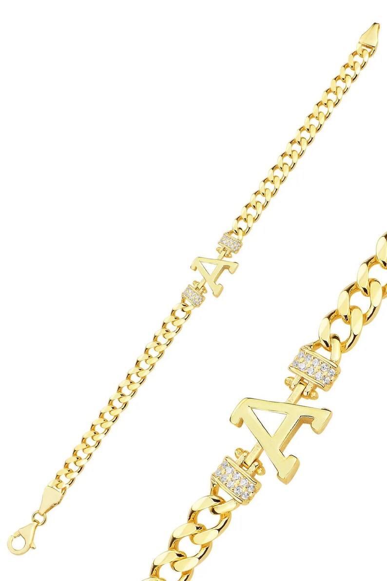 925 Sterling Silver Gold Letter Initial Bracelet, Gourmet Chain Letter ...