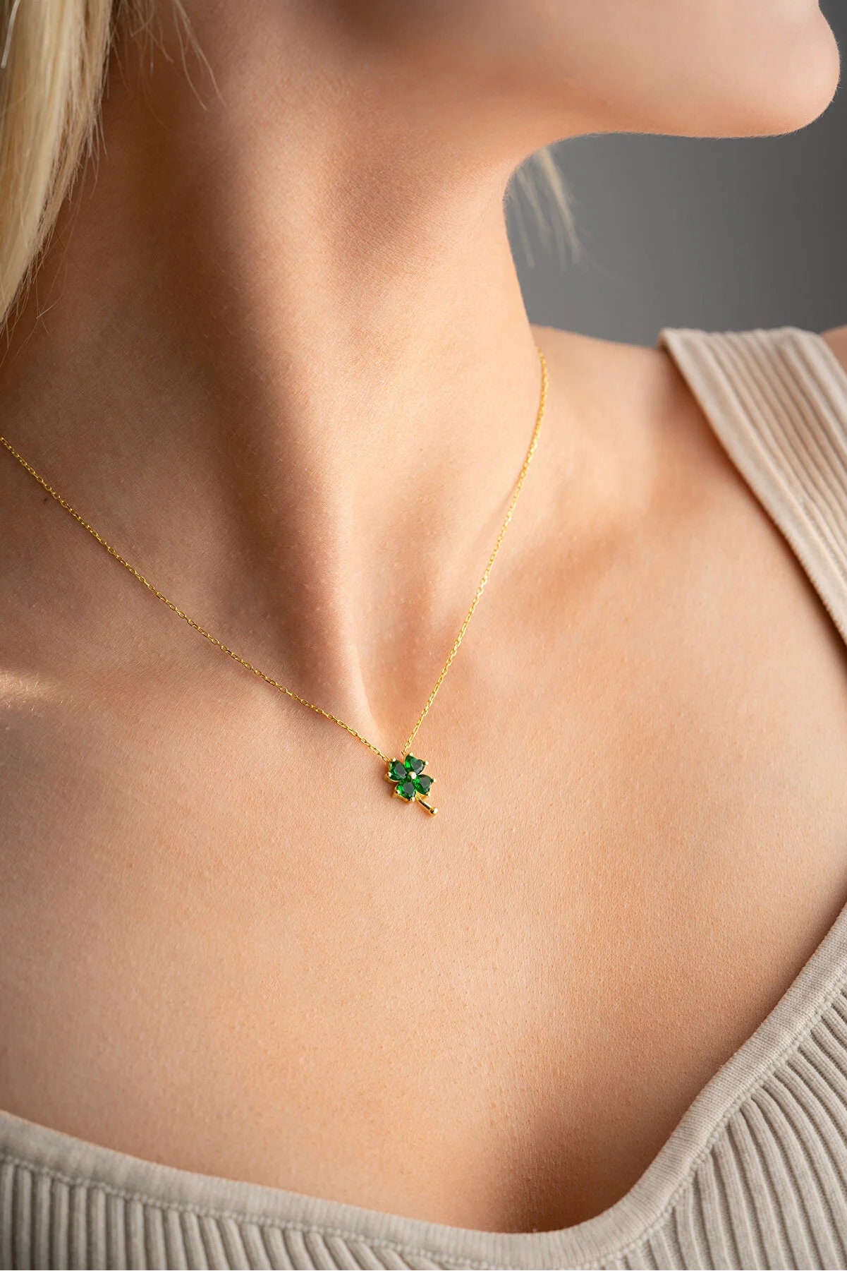 925 Sterling Silver Gold Emerald Clover Necklace, Emerald Clover Charm ...