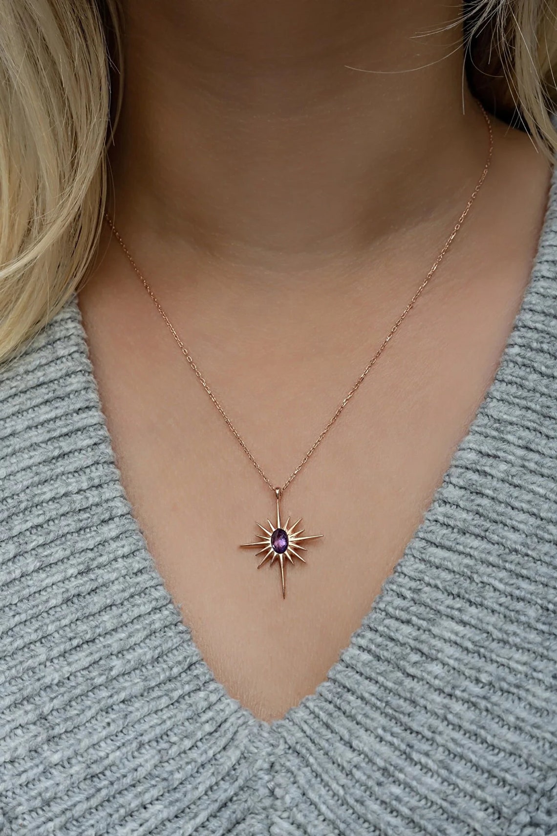 925 Sterling Silver Purple North Star Necklace, Rose Gold North Star ...