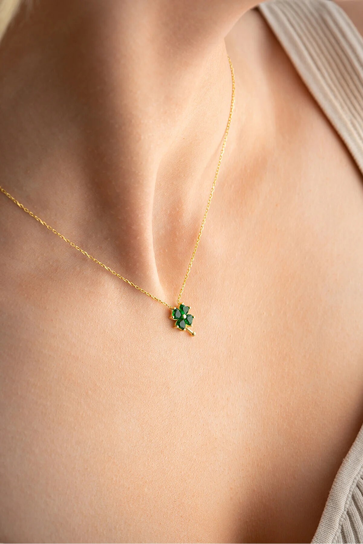 925 Sterling Silver Gold Emerald Clover Necklace, Emerald Clover Charm ...