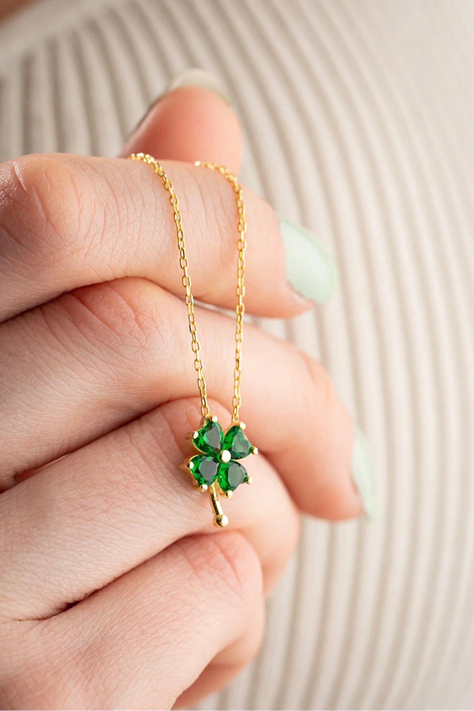 925 Sterling Silver Gold Emerald Clover Necklace, Emerald Clover Charm ...