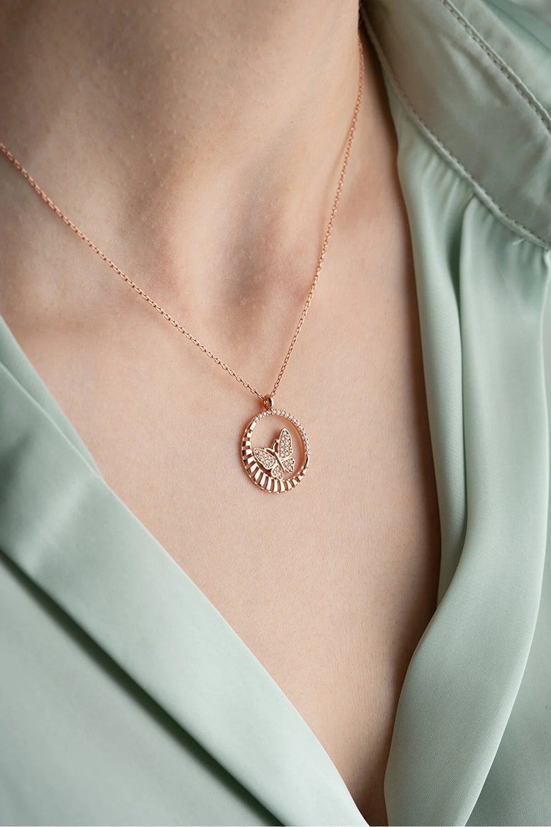 925 Sterling Silver Rose Gold Butterfly Necklace, Butterfly Charm ...