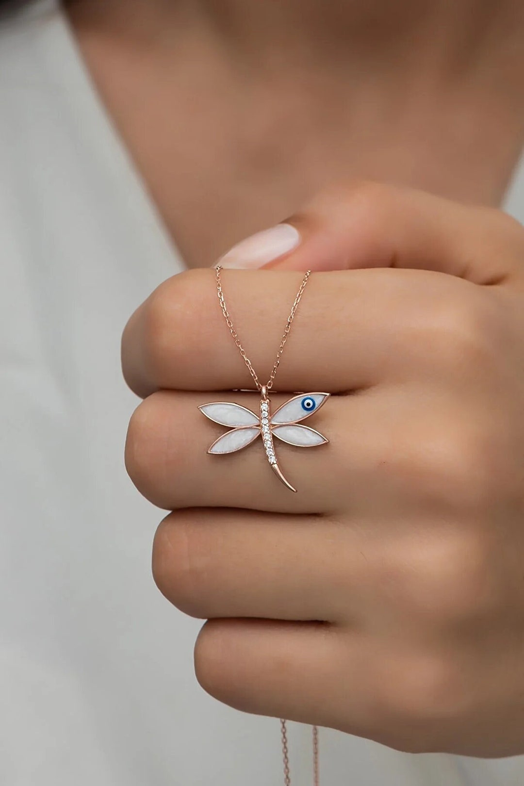 925 Sterling Silver Rose Gold Dragonfly Necklace, White Enamel ...