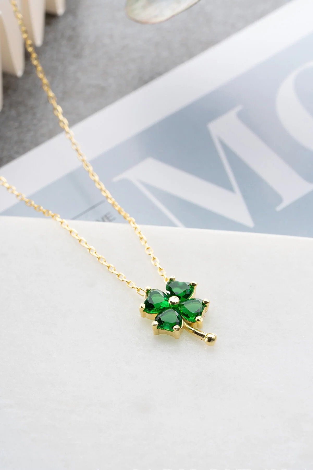 925 Sterling Silver Gold Emerald Clover Necklace, Emerald Clover Charm ...